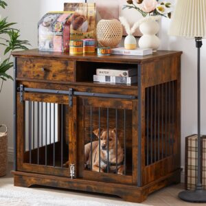 lostcat dog crate furniture with sliding barn door, with drawer and storage,35in rustic style decorative dog cage,wooden dog kennel end table, easy assembly,for small medium dog(rustic brown)