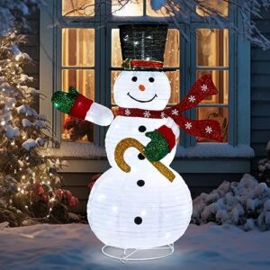 outvita outdoor christmas decorations 4 ft lighted snowman, white foldable snowman with 100 led lights red scarf black hat, perfect for xmas indoor and outdoor lawn garden yard holiday decor