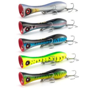 dr.fish 5 pack topwater popper saltwater fishing lures kit, 8 inches gt popper vmc treble hooks surf fishing lures for striper tuna bluefish mackerel snapper barracuda pencil plugs offshore