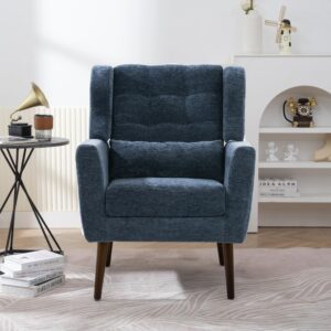 modern accent chair,chenille fabric reading living room side chair,single sofa with wood legs, armchair for living room bedroom(dark blue)