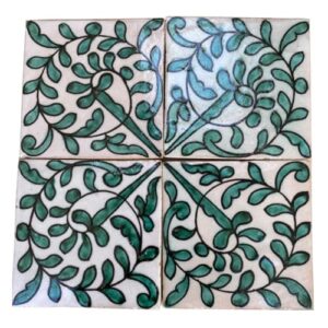 green flower ceramic tile painted 4x4 - moroccan hand painted square tile zellige for kitchen backsplash, outdoor/indoor tiles bathroom or shower tile, handmade ceramic traditional tile (50 tiles)