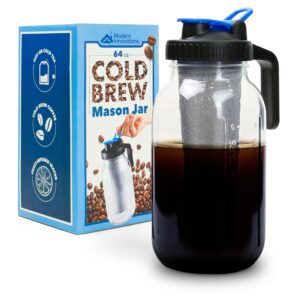 modern innovations cold brew mason jar (64 oz) ice coffee making at home, 2 quart cold brew maker for iced coffee and tea, cold brew glass pitcher with stainless steel filter, cold brew coffee maker