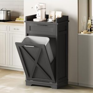 dwvo 10 gallon trash cabinet with storage cabinet ＆ drawer, wooden tilt out trash cabinet hidden garbage bin cabinet, tilt-out hamper for kitchen island, 20.5" w x 14" d x 39" h, black