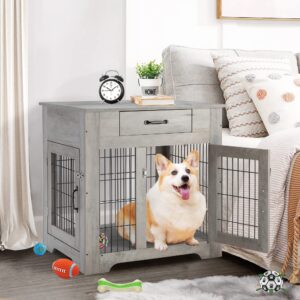 idealhouse 32 inch furniture style dog crates – chew-proof indoor casual home wooden pet crate, indoor pet crate side table, wood look dog kennel end table with drawer, grey