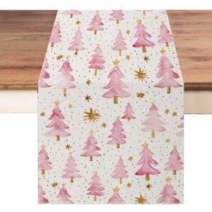 christmas table runner 13x72 inch, pink merry christmas trees table decors for seasonal winter xmas holiday farmhouse home kitchen dining party