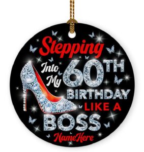 personalized 60th birthday ornament glittered high heel round ceramic ornament 3 inch keepsake for birthday christmas tree decoration inspirational awesome bday party gift for women girls friends