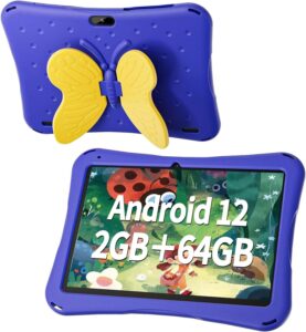 sgin 10 inch tablet for kids, android 12 kids tablet with kids case, 2gb ram 64gb rom, 5000mah, 1280 * 800 display, dual camera, wifi, educational games, yellow butterfly handle