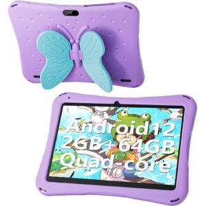 sgin tablet for kids, 10 inch android 12 kids tablet with kids case, 2gb ram 64gb rom, 5000mah, 1280 * 800 display, dual camera, wifi, educational games, blue butterfly handle