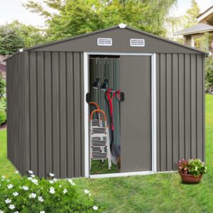 mirafit storage shed 8x10 ft, outdoor storage cabinet galvanized steel sheds with sliding door, garden metal shed for tool, bike, lawn mower, backyard, patio,olive gray