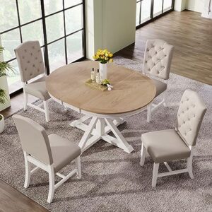 dinehome 5-piece retro style extendable round dining table set with 4 upholstered chairs, oak natural wood + off white