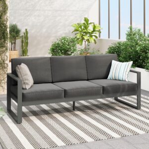 green4ever aluminum patio furniture sofa, all-weather modern metal outdoor 3-seat couch with removable, water-resistant cushions for backyard garden (gray)