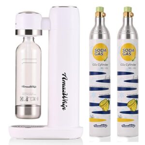 amazwhip sparkling water maker, paired with co2 gas canisters and 1l water bottles for household soda water (white+ 2 canisters)