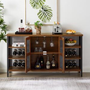 tiophome industrial bar, liquor storage credenza, farmhouse wood coffee cabinets with wine racks & stemware holder, metal sideboard and buffet (55.12''w, hazelnut brown), large