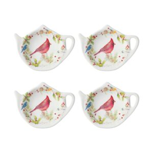 supreme housewares tea bag holder set of 4, teapot shaped tea bag coasters spoon rests saucer seasoning dish set teabag holder (winter birds)