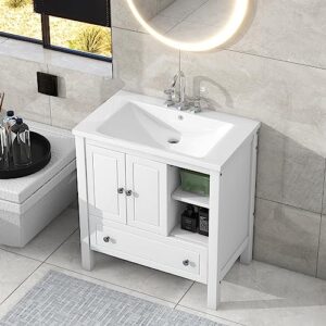 30 inch bathroom vanity cabinet with ceramic sink, drawers and doors, adjustable shelf, solid wood frame, modern style