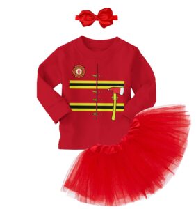 firefighter outfit - firetruck long sleeve toddler t-shirt + tutu skirt + bow headband set (long sleeve red t-shirt/red tutu, 4t)