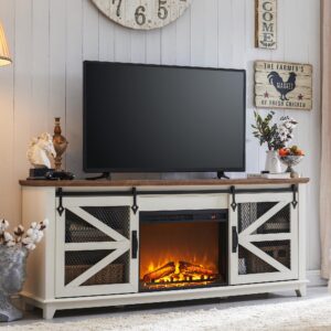 okd fireplace tv stand for 70 75+ inch tv, industrial & farmhouse entertainment center w/23 electric fireplace & sliding barn door, rustic media console cabinet for living rooms, antique white