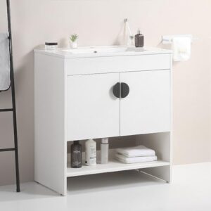 notop 24" bathroom vanity with white ceramic sink comb, modern freestanding solid wood cabinet set,included two soft close doors with black zinc alloy handles & a lower open shelf, 26in