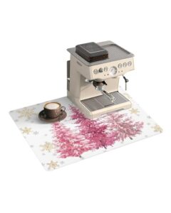 coffee mat for counter, pink christmas xmas tree golden snowflake absorbent hide stain coffee bar mat, non-slip coffee bar accessories kitchen drying mat fit under coffee maker espresso machine