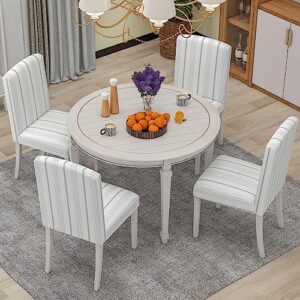 dinehome kitchen 5-piece solid wood round table set with 4 upholstered chairs, striped fabric, for dining room, white