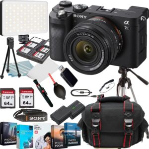 sony alpha a7c mirrorless digital camera with 28-60mm lens (black) + led light, 2 x 64gb memory cards + np-fz-100 battery + usb card reader + microphone + accessory bundle (renewed)