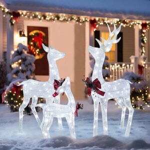 mupater outdoor christmas decoration lighted deer family set indoor, christmas holiday yard decor 3-piece moose set for lawn and party with lights, ground stakes and zip ties, white