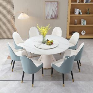 voohek, beige 9-piece modern dining room set, with 8 upholstered chairs, sintered stone table w/round turntable and metal exquisite pedestal, family furniture for home, kitchen