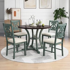 dinehome 5 piece round wood dining table and 4 chairs set with special-shaped legs and an exquisitely designed retro hollow back, antique blue + dark brown