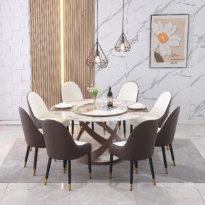 voohek, white+brown 9-piece modern dining room set, with 8 upholstered chairs, sintered stone table w/round turntable and metal exquisite pedestal, family furniture for home, kitchen