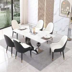 voohek white+black 7-piece modern dining room set, with 6 upholstered chairs, table w/round special shaped carbon steel pedestal base, family furniture for home, kitchen, carrara