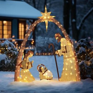 mupater lighted outdoor christmas decoration nativity scene, lighted christmas yard decor set for lawn and home holiday party with lights, zip ties and ground stakes, gold