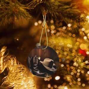 christmas ornaments round ceramic ornaments cowboy black hat western boots printed christmas tree ceramics hanging ornament for xmas holiday party decorations