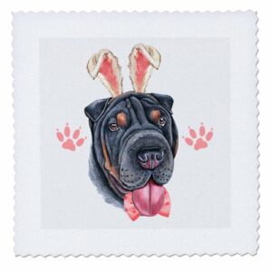 3drose sweet black shar pei easter dog in bunny ears and pink bow - quilt squares (qs-378974-2)