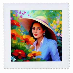 3drose elegant beauty in large straw hat in the garden. red, yellow... - quilt squares (qs-379101-8)