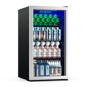 icypolk beverage refrigerator cooler -120 can stainless steel mini fridge with digital temperature display, glass door and adjustable shelves perfect for soda beer wine drinks, 3.2 cu.ft