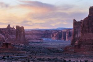 southwestern photography print (not framed) picture of sandstone cliff walls at sunset on summer evening in arches national park utah desert wall art western decor (5" x 7")