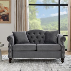 ucloveria chesterfield sofa, 57" velvet upholstered loveseat 2 seater sofa couch with 2 pillows, solid wood legs, tufted futon sofa with rolled arms and nailhead for living room, office, apartment