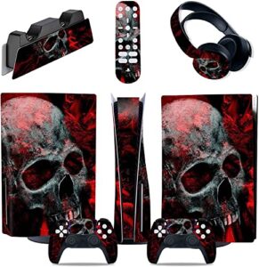 full set skin decal for ps5 console disc edition sticker vinyl decal cover for ps5 controller & charging station & headset & media remote (fire skull)