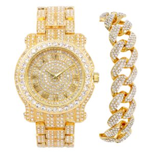 techno pave men's 45mm iced out roman dial watch with bracelet set - gold dial with big cuban bracelet