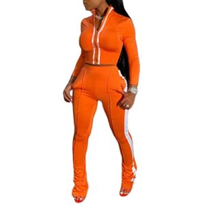 womens striped two piece outfit tracksuits casual zip up jackets + bodycon long pants set l orange