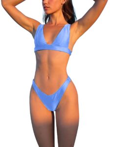 hatant bikini sets for women two piece swimsuit v neck push up triangle top with high waisted shorts bathing suit beachwear fashion sports bikini sets blue-m