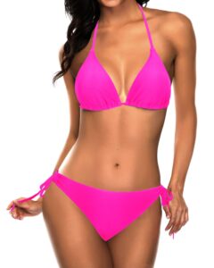 tempt me women hot pink triangle bikini sets halter two piece sexy swimsuit string tie side bathing suit m