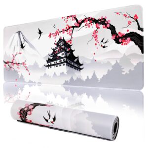 japanese cherry blossom gaming mouse pad 31.5x11.8in pink full desk japanese sakura gaming mouse pad large non-slip rubber base waterproof big keyboard mat with stitched edges for gaming office