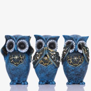 owl statue 3 piece set, don't look, don't hear, don't tell owl decor, three wise owl figurines for shelf decor, living room bedroom room decor, blue and gold home decor