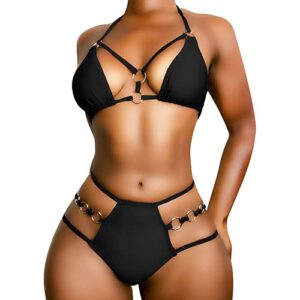 ejsoyo womens sexy thong bikini swimsuits string push up padded bathing suit 2 piece cheeky swimwear with metal ring (large, black)