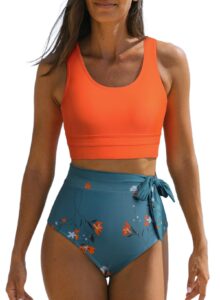 dokotoo womens 2 piece swimsuit scoop neck sleeveless racerback tummy control high waisted tie knot flattering bathing suits long lined floral bikini orange large