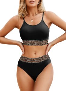 herseas women's black bikini sets color block leopard mesh trim 2 piece swimsuit scoop neck high waisted adjustable spaghetti straps push up bathing suit large 12 14