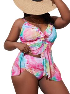 soly hux women's tankini set plus size tie dye ruffle trim bikini bathing suits 2 piece swimsuit multicoloured tie dye 2xl