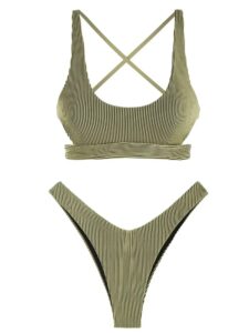 zaful womens bikini set cutout scoop neck two piece bathing suit criss cross back tie swimwear green