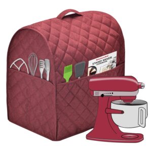 stand mixer dust cover with 3 pockets compatible with kitchenaid tilt head, easy cleaning,waterproof,can ironable (red wine, fits for 4.5-quart and all 5-quart)